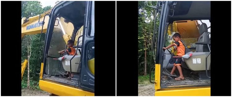 Aksi bocah 5 tahun operasikan ekskavator, angkat puing-puing jembatan