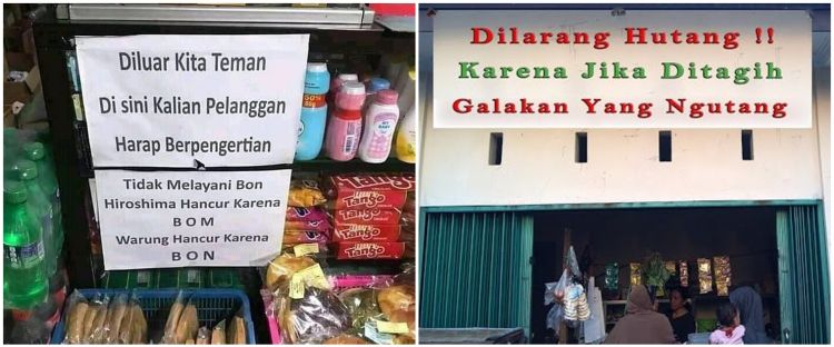 23 Tulisan lucu larangan utang di warung, bikin yang baca keder duluan