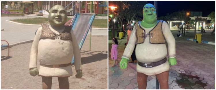 11 Penampakan absurd patung Shrek ini bikin malas melihatnya