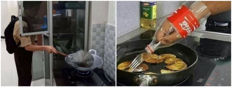 9 Aksi nyeleneh orang takut kena cipratan minyak goreng ini kocak