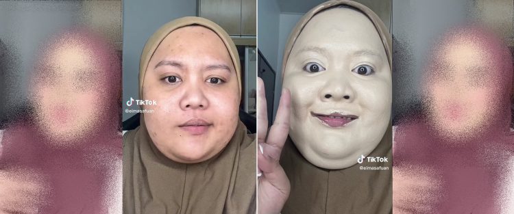 Pakai dempul tebal satu muka, perubahan wanita usai makeup ini hasilnya ...