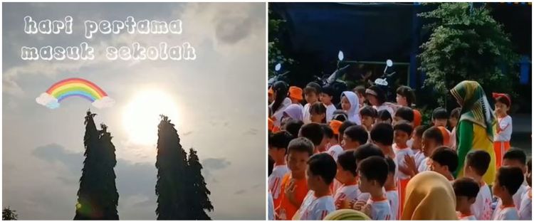 Momen kocak emak antarkan anak hari pertama masuk TK, kelakuannya di depan gerbang bikin nyengir