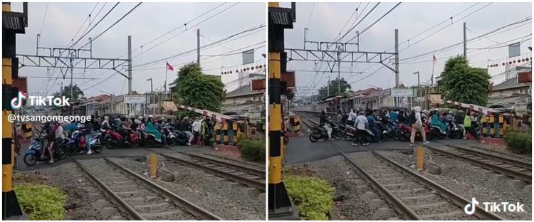 Momen pengendara terobos palang rel kereta ini menegangkan, aksi petugas perlintasan bikin ...