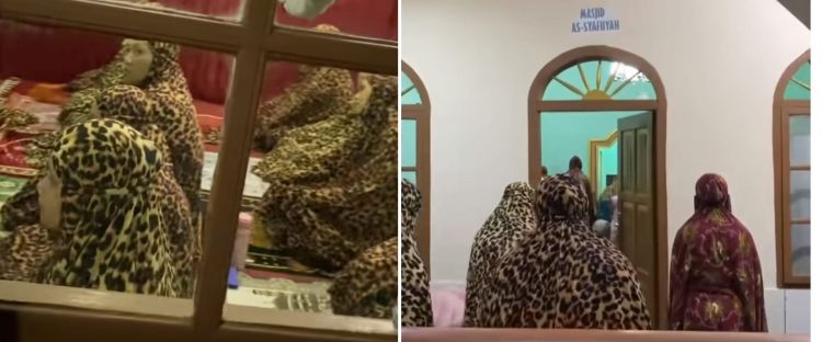 Momen emak-emak kompak pakai mukena macan tutul saat salat tarawih ini sukses bikin gagal fokus