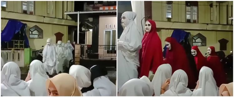 Alih-alih pakai kostum tari, momen santri pentas pakai makeup pocong ...