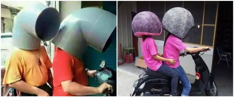 11 Potret kocak pengendara motor dan penumpang pakai helm nyeleneh ini absurdnya kompak
