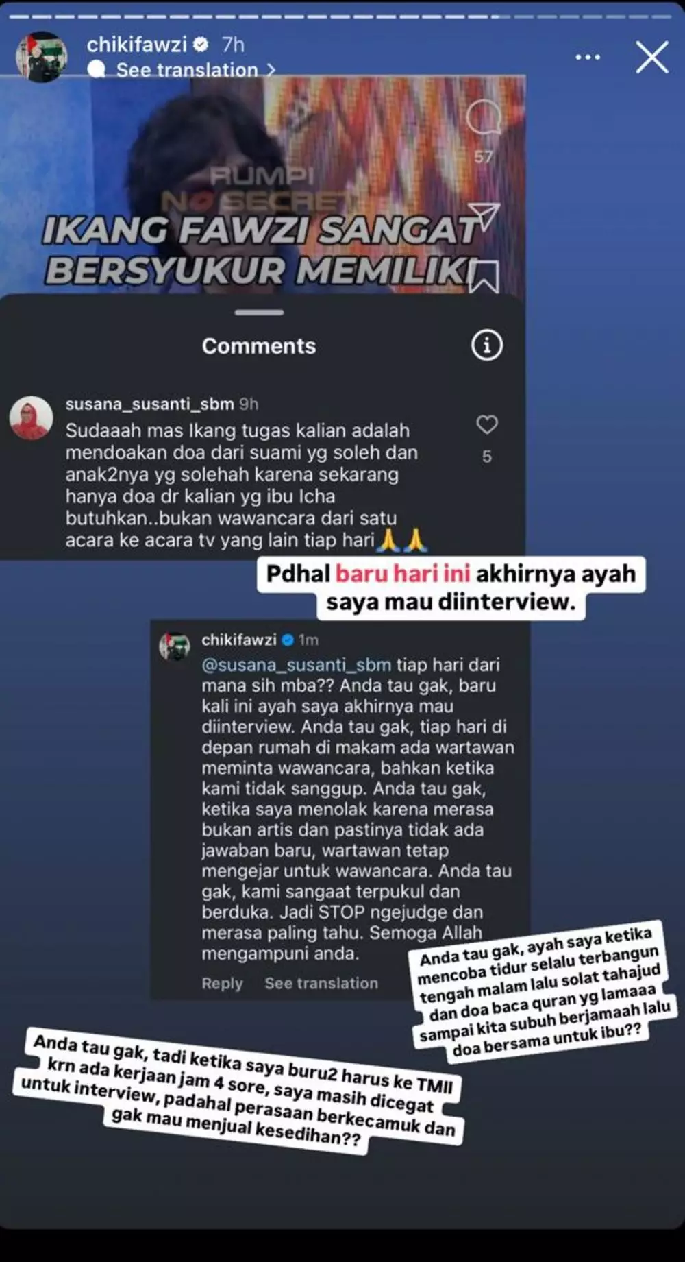 Tak terima Ikang Fawzi dihujat usai tampil di TV dalam keadaan berduka, respons Chiki Fawzi menohok